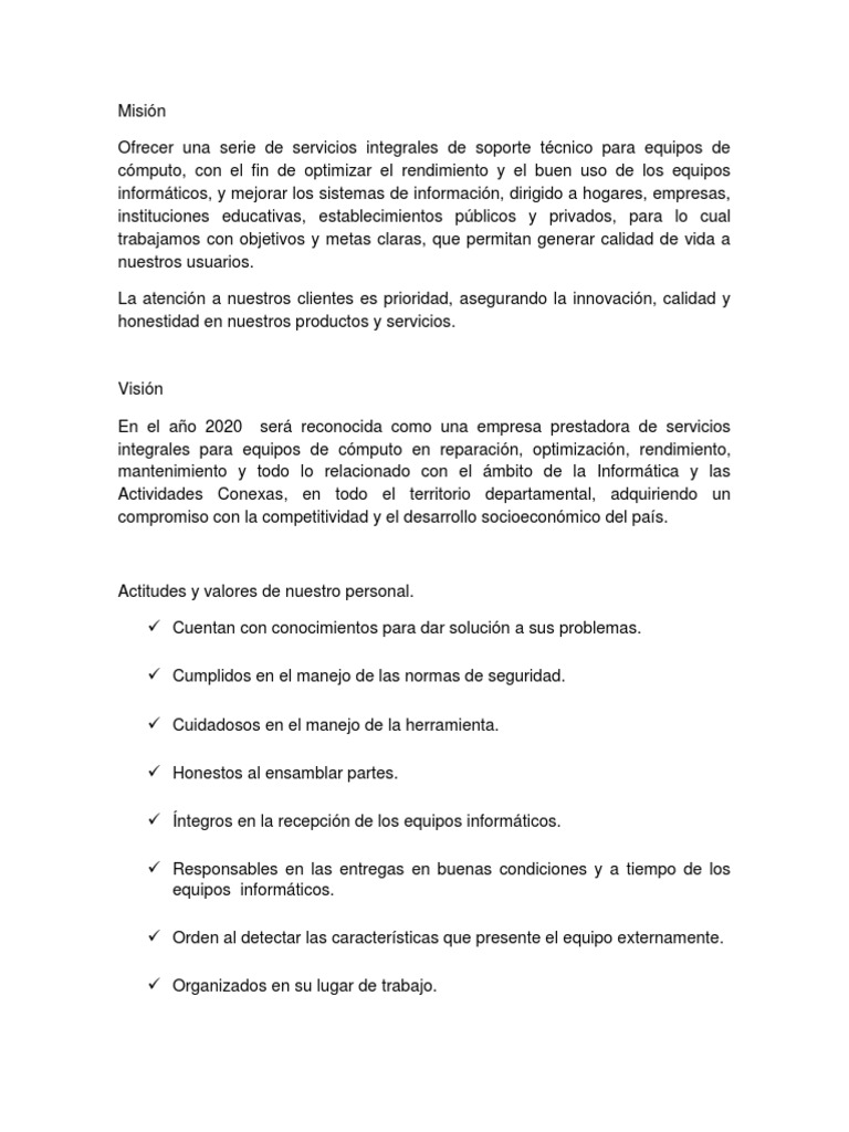 Proyecto Mision Vision | PDF | Calidad (comercial) | Informática