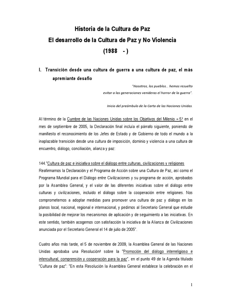 Historia Cultura De Paz Pdf Pdf Tolerancia Desarrollo Sostenible