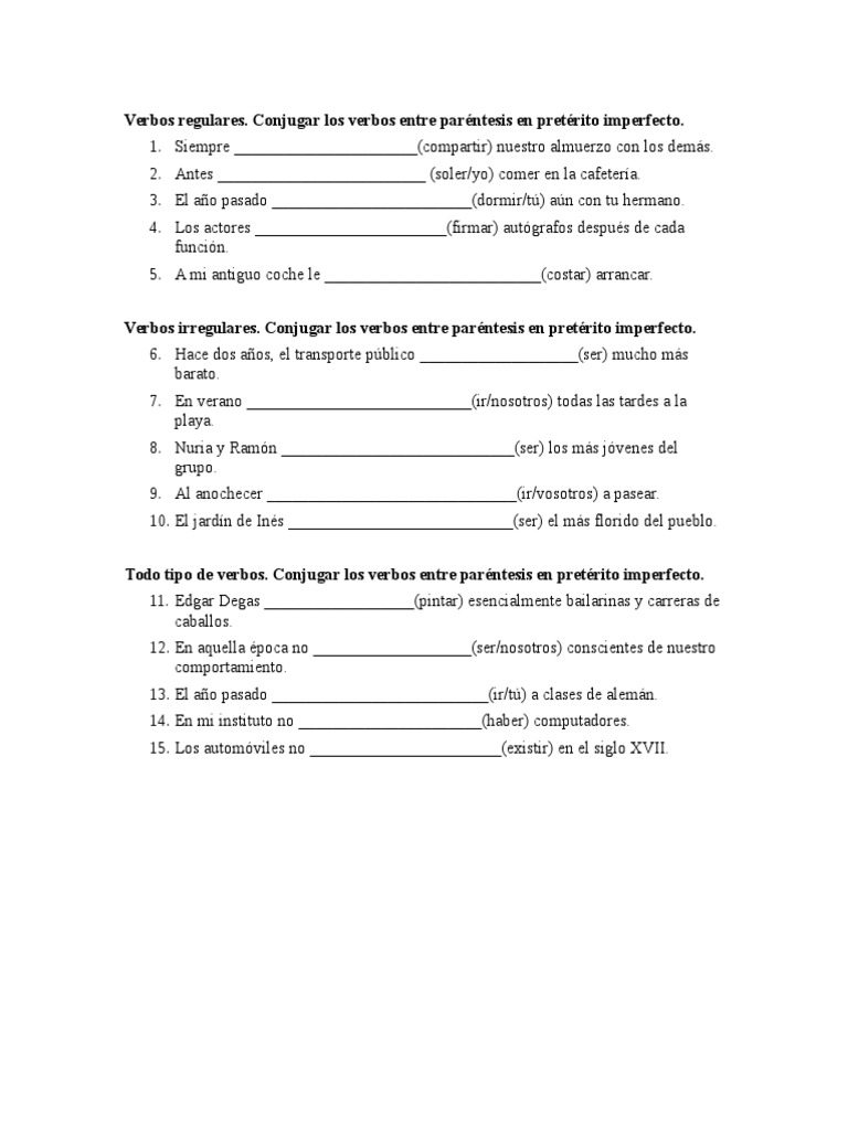 Ejercicios Pretérito Imperfecto 2 | PDF