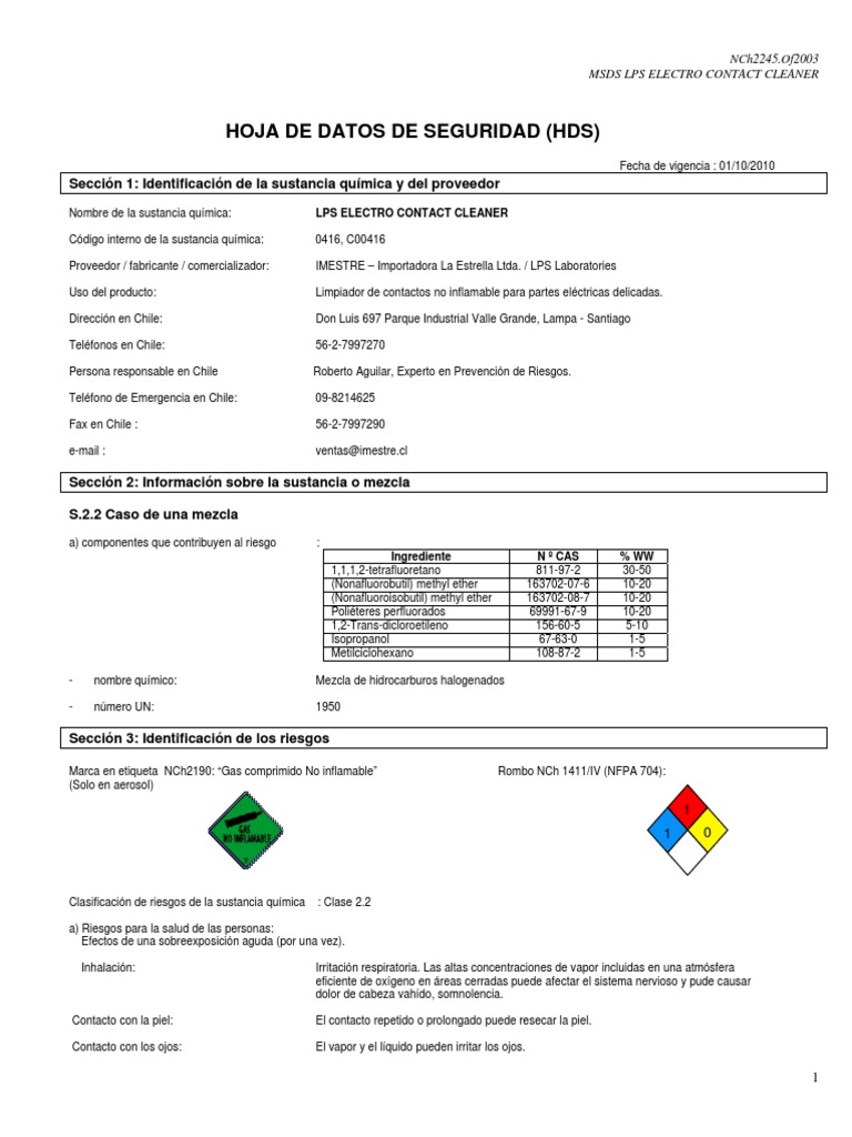 Msds Lps Electro Contact Cleaner | PDF | Hidrógeno | Cloro