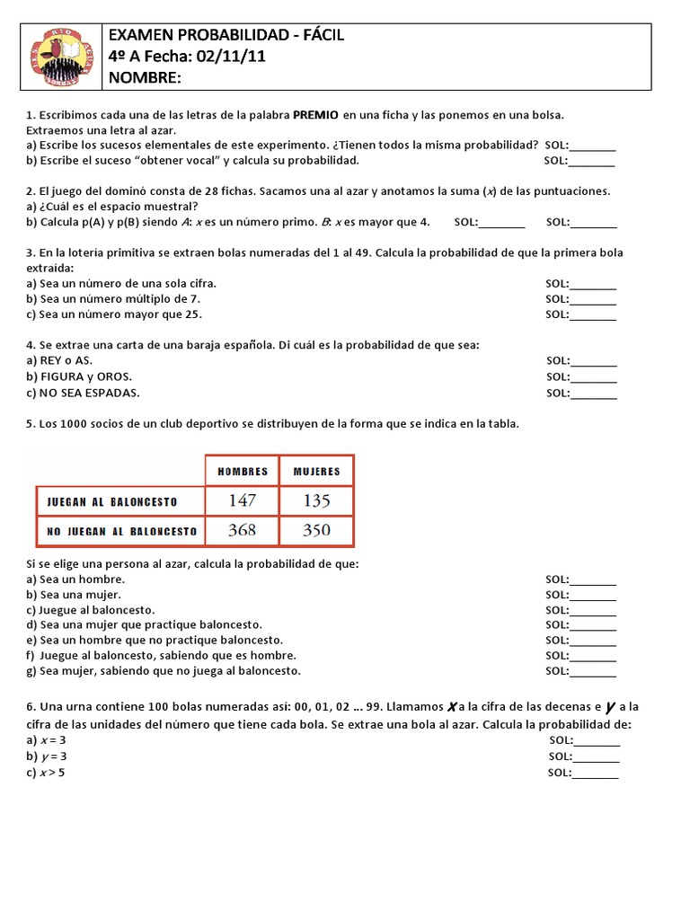 03 Examen Probabilidad 4 a Facil | Probabilidad | Probabilidades y estadísticas