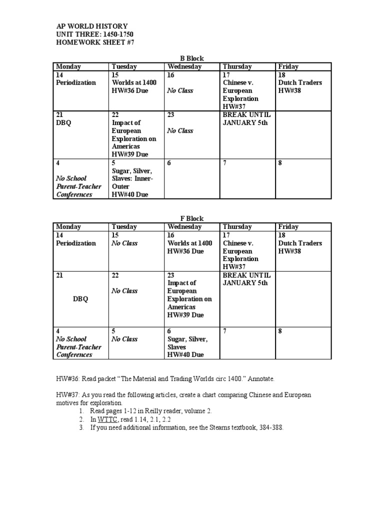 AP World History Unit Three: 1450-1750 Homework Sheet #7 Monday ...