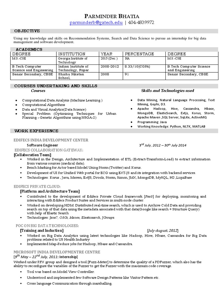 Parminder Singh Bhatia Resume | PDF | Apache Hadoop | Big Data