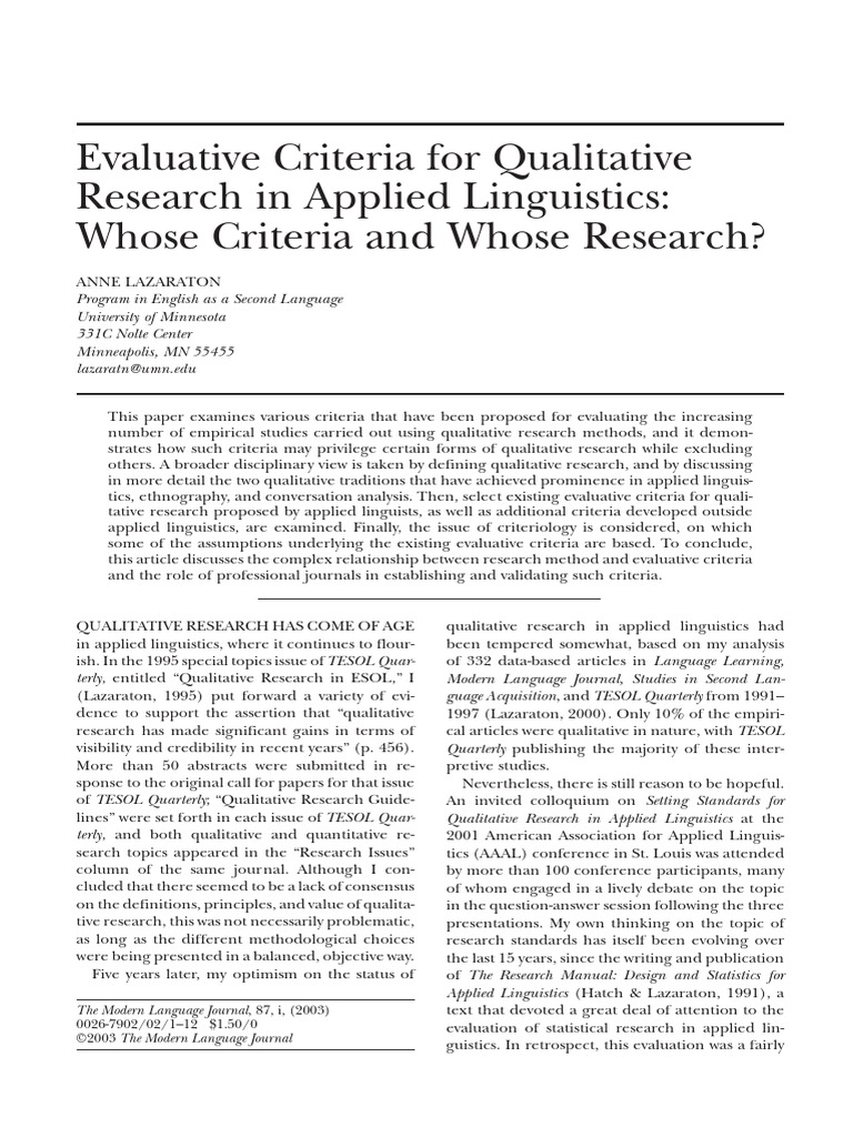 Evaluative Criteria For Qualitative Research in Applied Linguistics | PDF