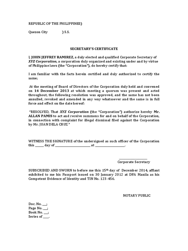Secretary's Certificate - Legal Forms | PDF