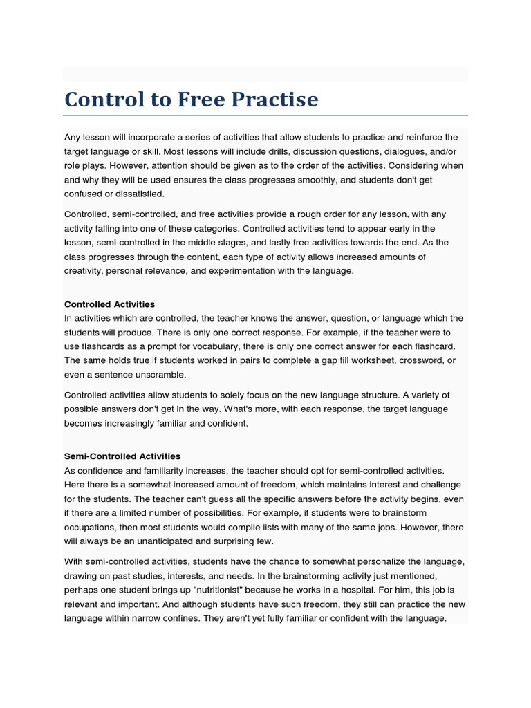 Control To Free Practise | PDF | Second Language | Vocabulary