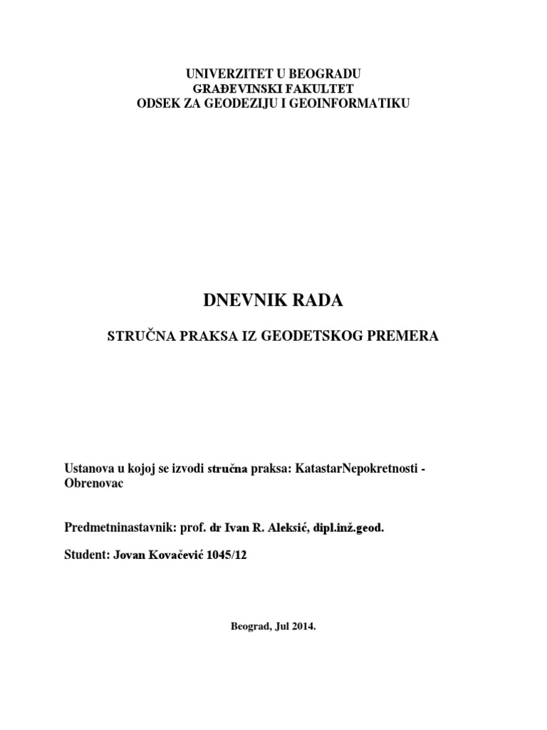 DNEVNIK RADA Stručna Praksa Katastar Nepokretnosti Obrenovac | PDF