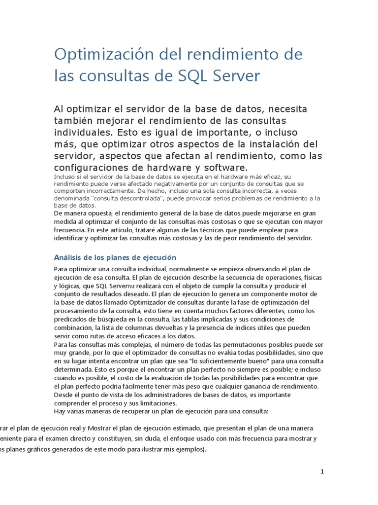 Optimización Del Rendimiento de Las Consultas de SQL Server | PDF ...