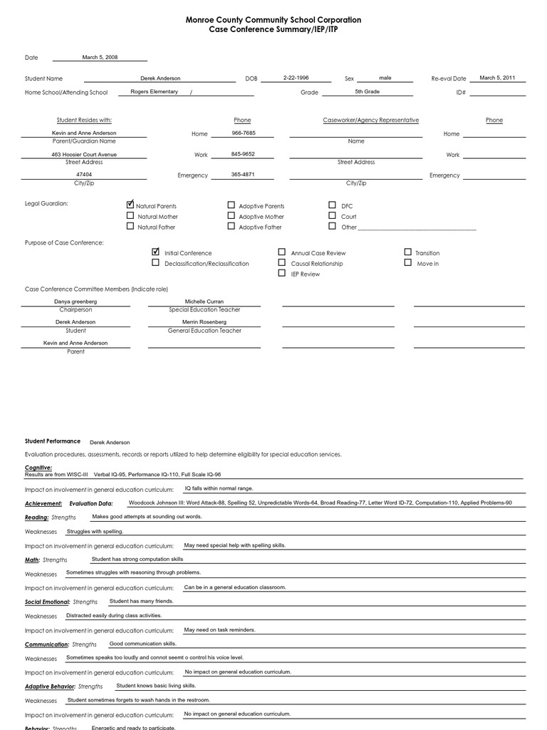 Monroe County Community School Corporation Case Conference Summary/IEP ...