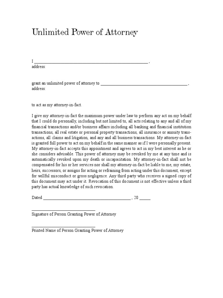 Unlimited Power of Attorney | Power Of Attorney | Signature