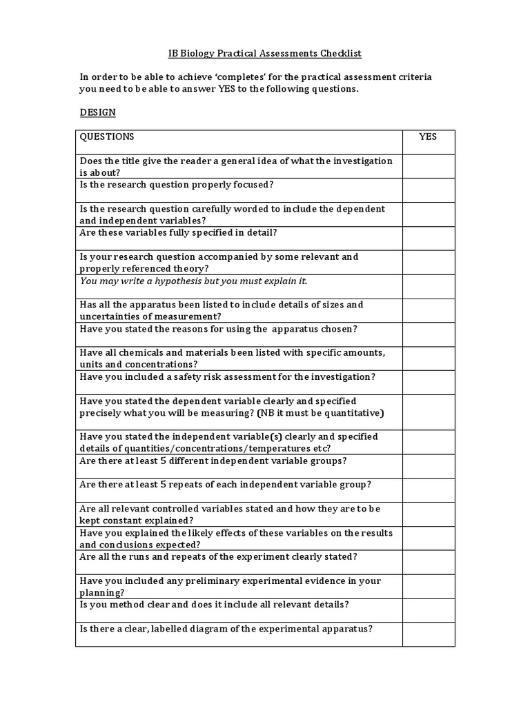 IB Biology IA Checklist Dependent And Independent Variables Data