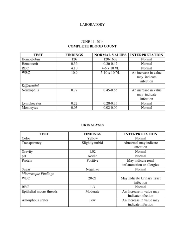 Blood Test and Urinalysis Results Summary | PDF