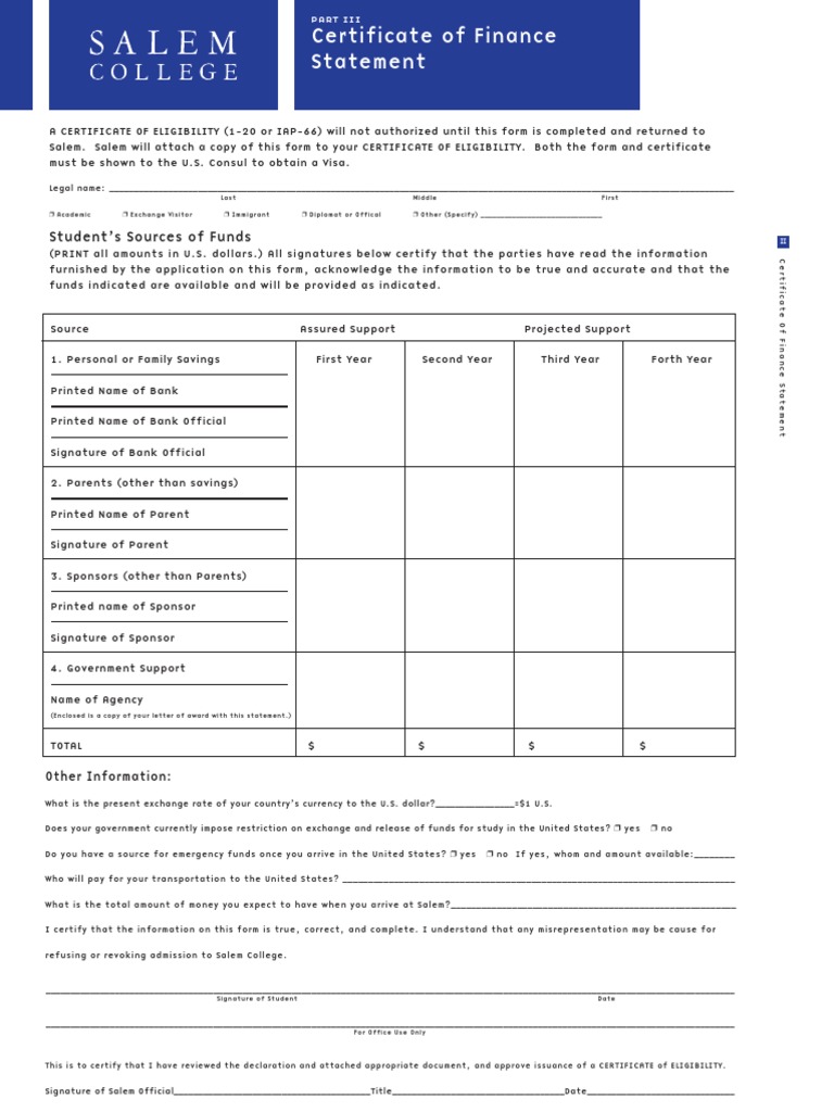 Certificate of Finance Statement: Student's Sources of Funds | PDF ...