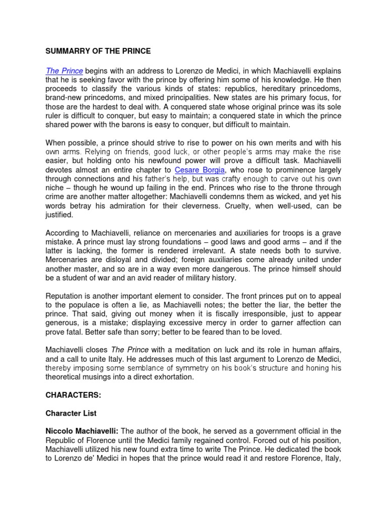 Summary of The Prince | PDF | The Prince | Niccolò Machiavelli