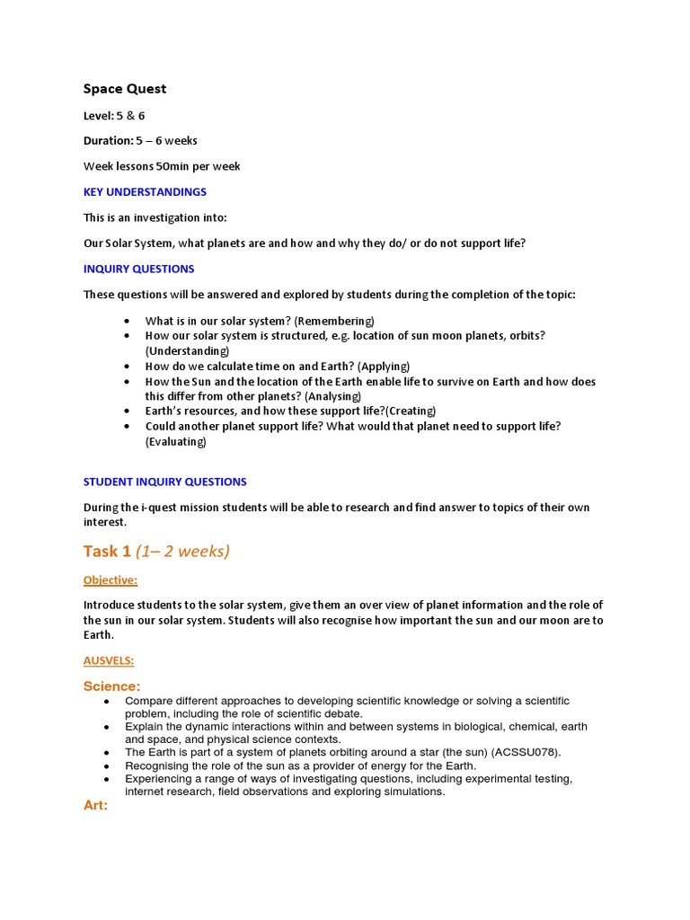 Space Quest Teachers Page Final-2 | PDF | Planets | Solar System
