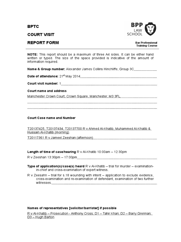 BPTC Court Visit Report Form 1 | PDF | Psychiatry | Witness