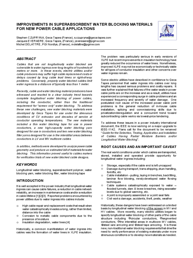 Advances in Water Blocking for Cables | PDF | Cable | Electrical Conductor