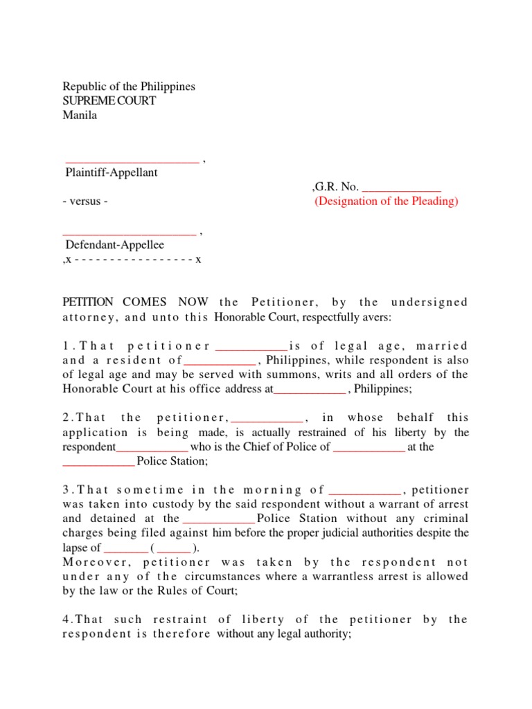 Sample Petition For Writ of Habeas Corpus | PDF | Habeas Corpus | Writ