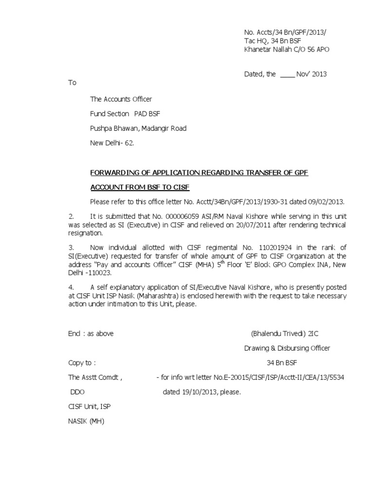 Forwarding of Application Regarding Transfer of GPF Account From BSF To ...