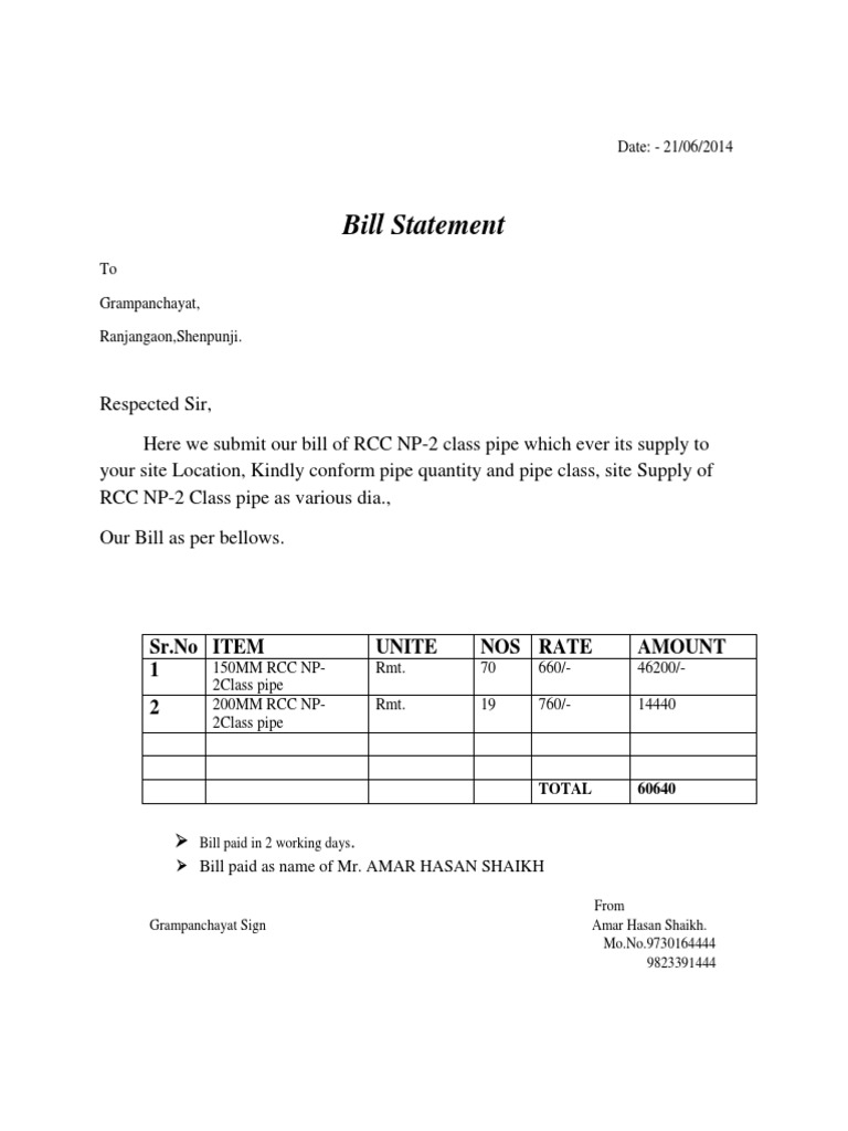 RCC NP-2 Class Pipe Bill Statement | PDF