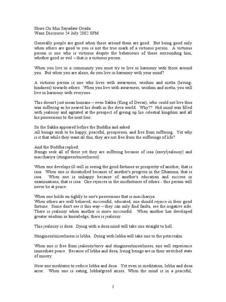 Shwe Oo Min Sayadaw - Dhamma Talk 1 of 4 | PDF | Vipassanā | Envy