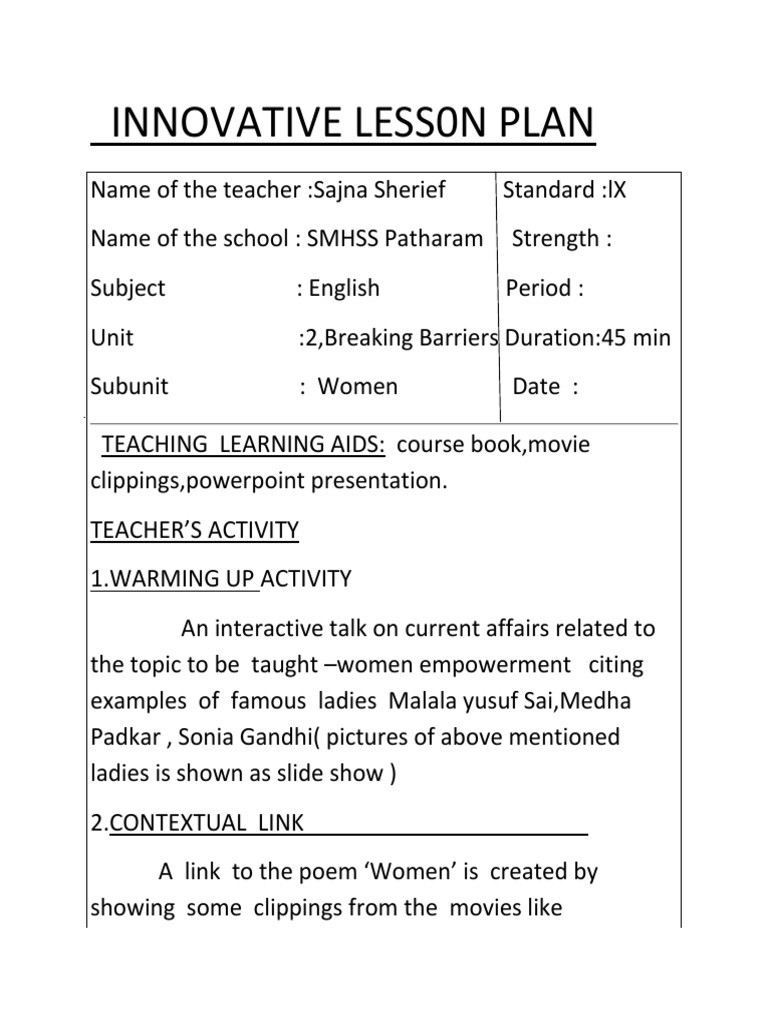 Women Empowerment Lesson Plan | PDF