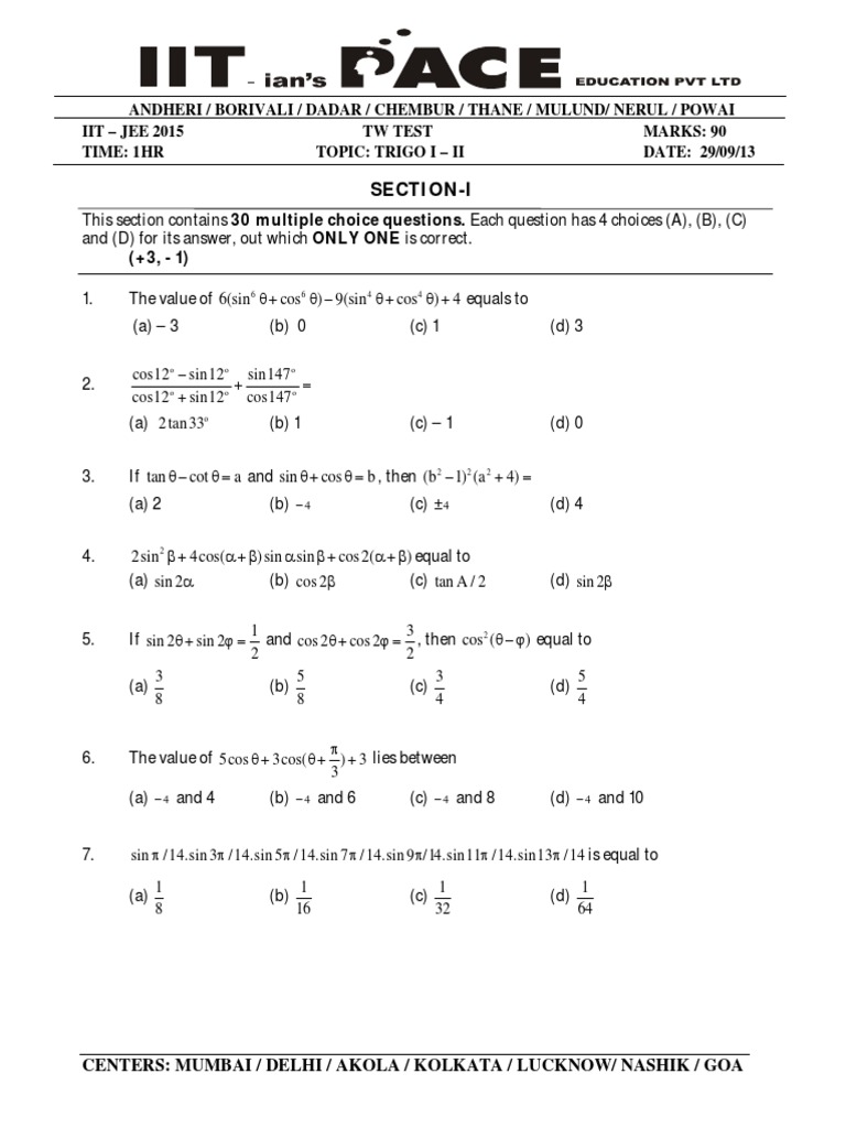 Trigo Question Paper | Trigonometric Functions | Mathematical Analysis