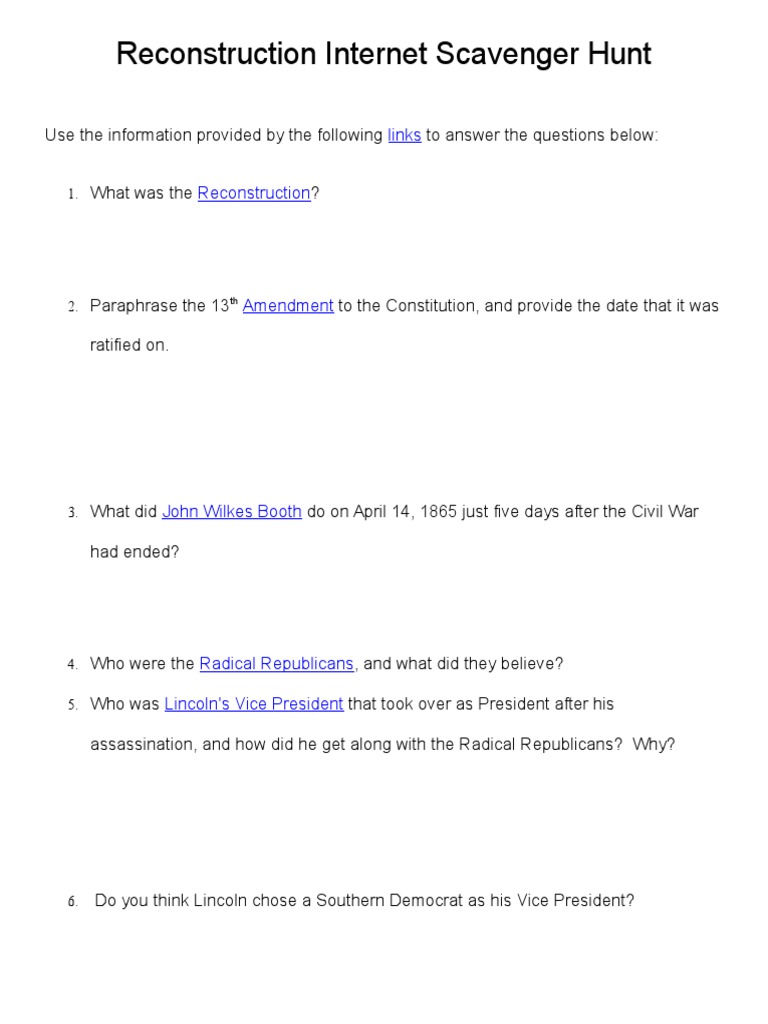 Reconstruction Era Scavenger Hunt Guide | PDF