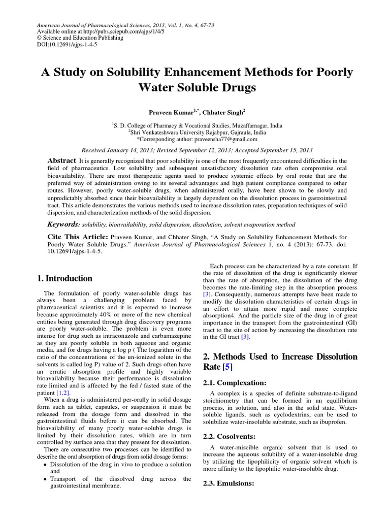 A Study On Solubility Enhancement Methods For Poorly Water Soluble ...
