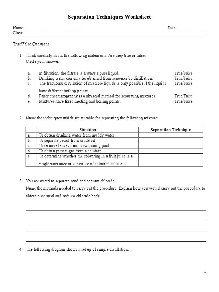 Separation Techniques Worksheet | PDF