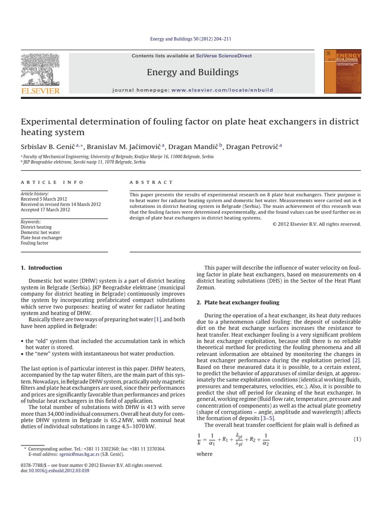 Experimental Determination of Fouling Factor On Plate Heat Exchangers ...