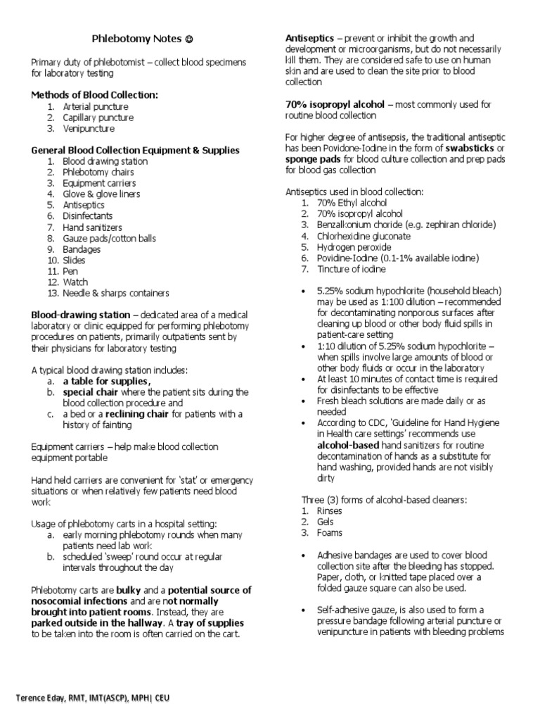 Phlebotomy Notes | PDF | Intravenous Therapy | Syringe