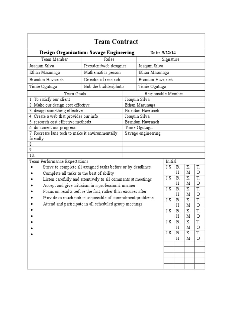 Savage Engineering Team Contract | PDF