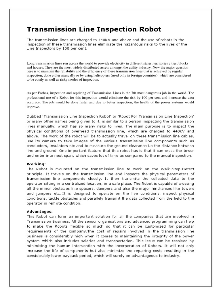 Transmission Line Inspection Robot | PDF | Transmission (Mechanics ...