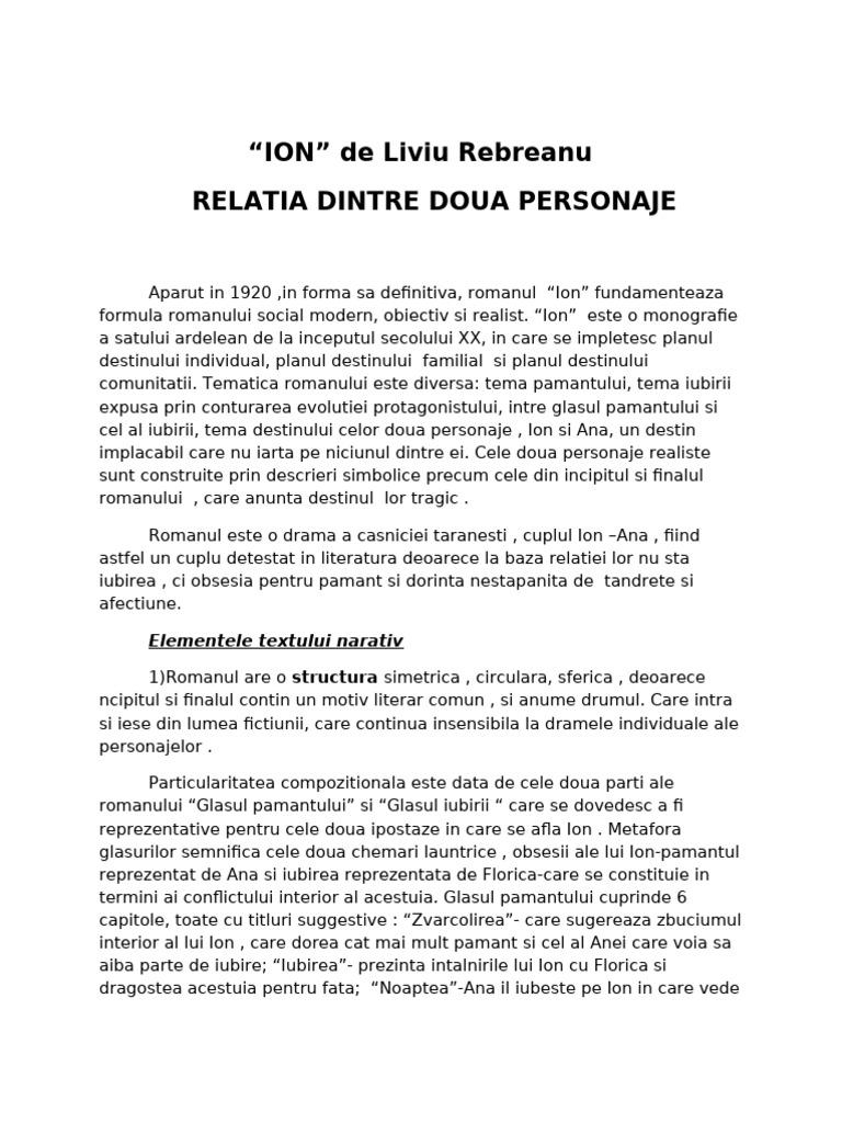 Liviu Rebreanu-ION - Relatia Dintre Doua Personaje | PDF