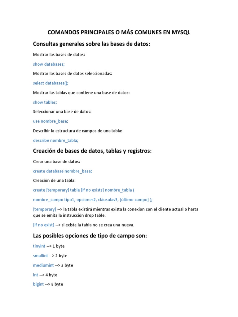 Comandos Principales o Más Comunes en Mysql | PDF | Tabla (base de ...