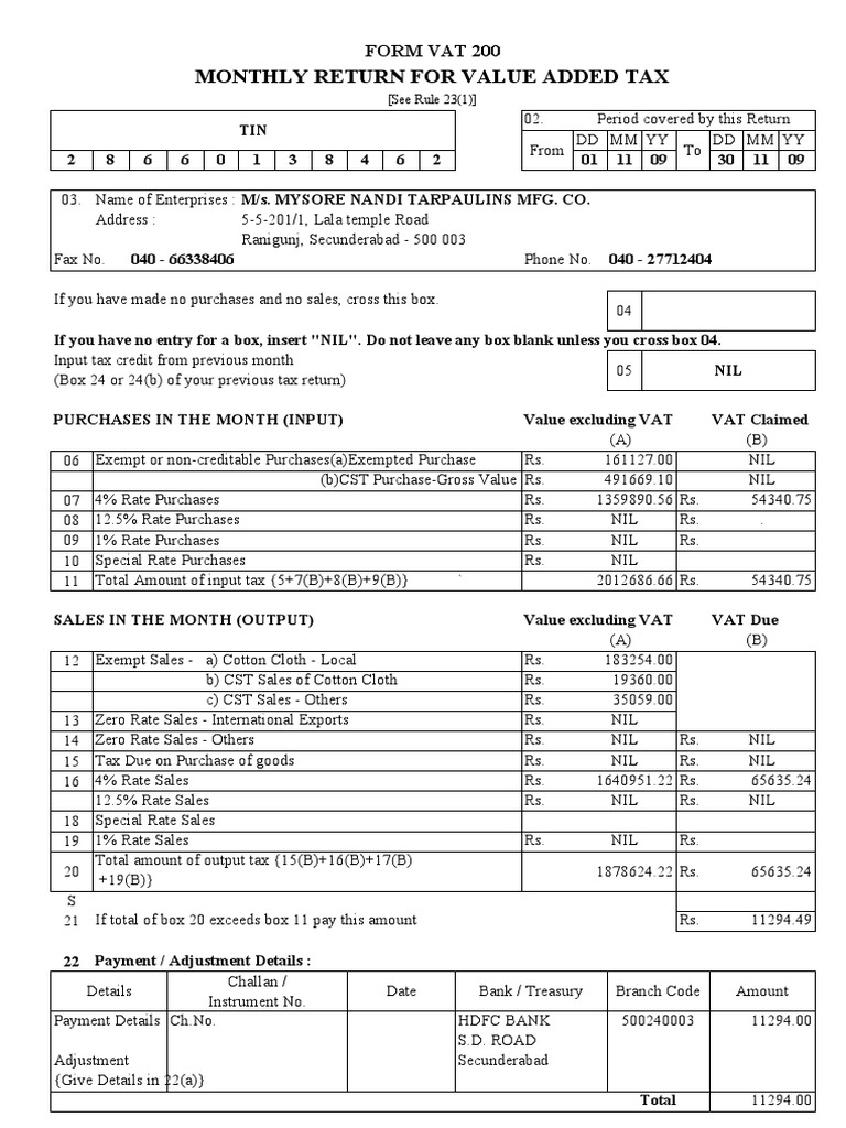 Monthly Return For Value Added Tax Form Vat 200 Pdf Value Added 5318