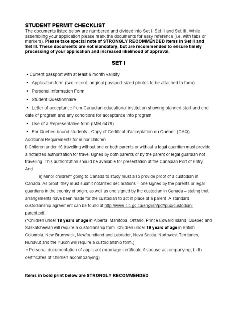 Student Permit Checklist For Canada | PDF
