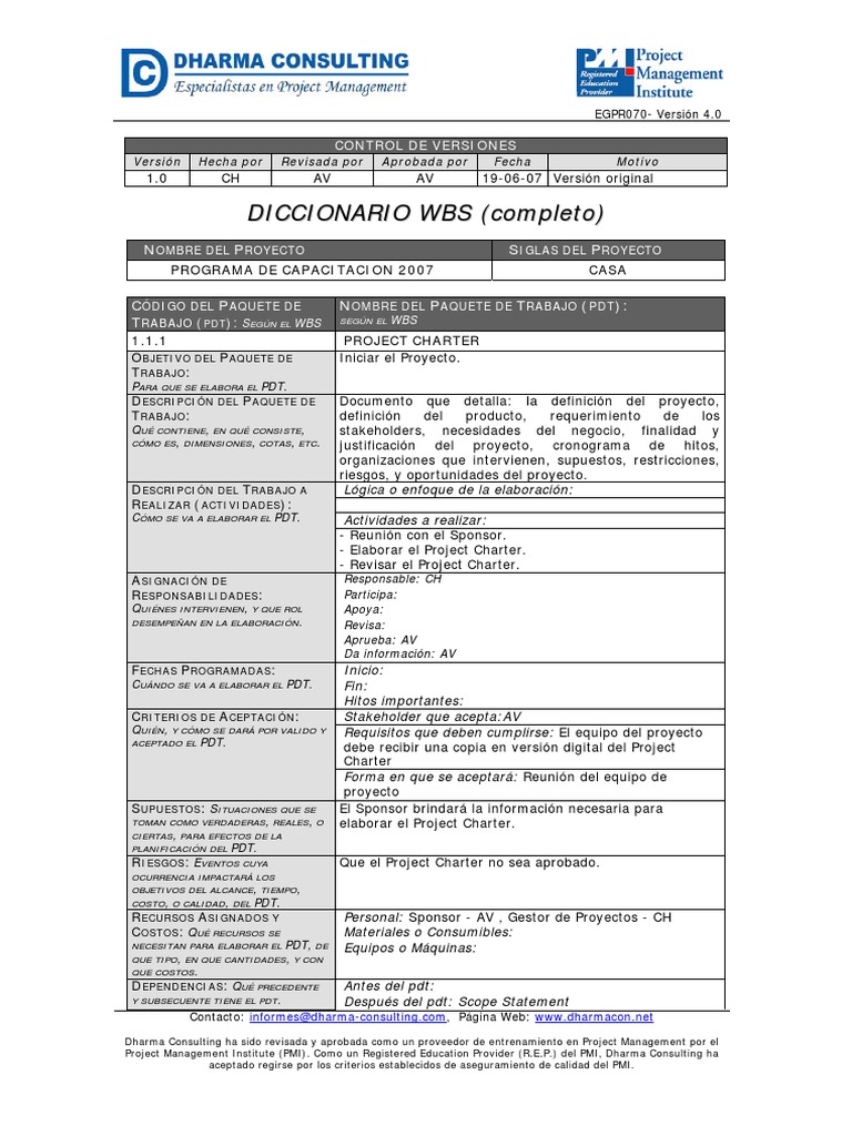 Ejemplo Diccionario Completo EDT | Software | Planificación