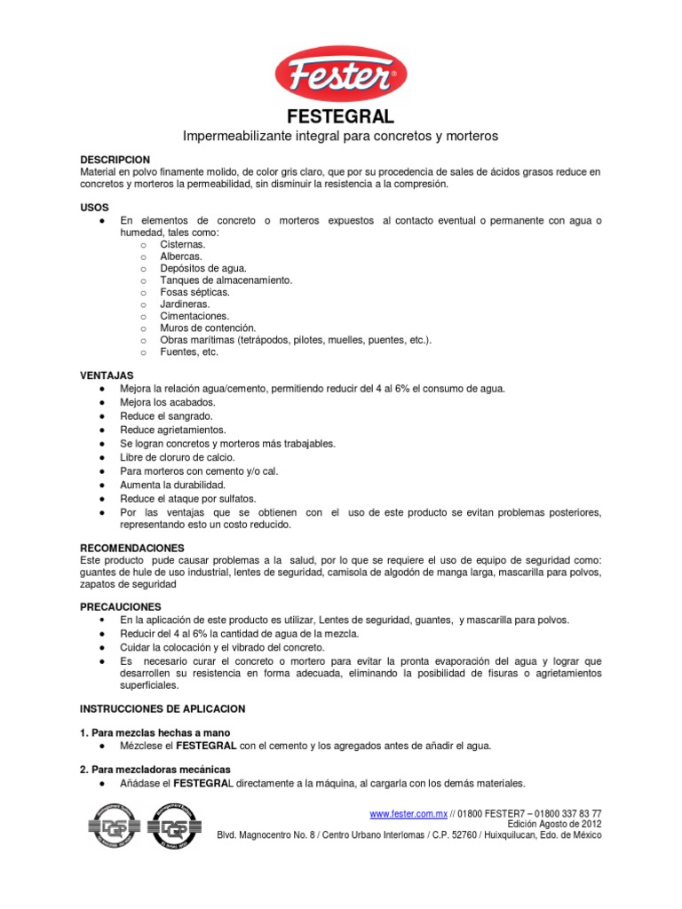 Festegral: Impermeabilizante Integral 20 kg | PDF | Cemento | Hormigón