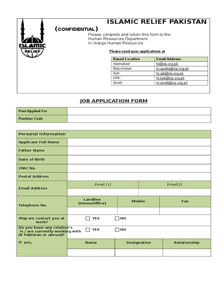 Islamic Relief Job Application Form | PDF | Business | Communication