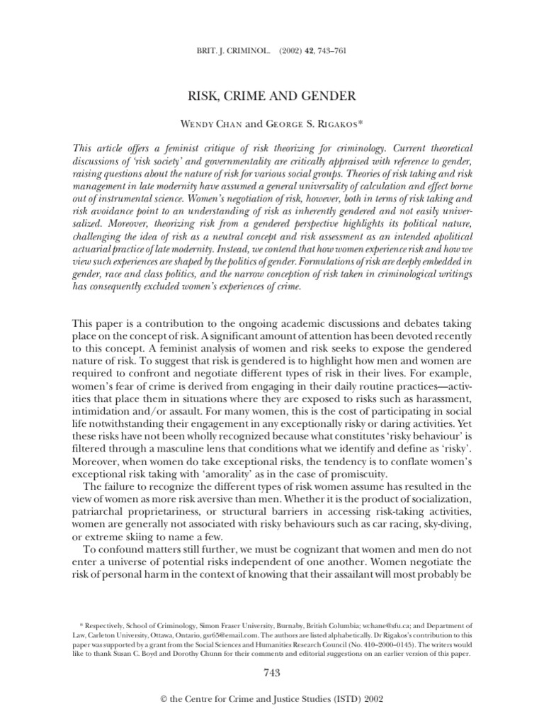 RIGAKOS, George CHAN, Wendy. Risk, Crime and Gender | PDF | Business ...