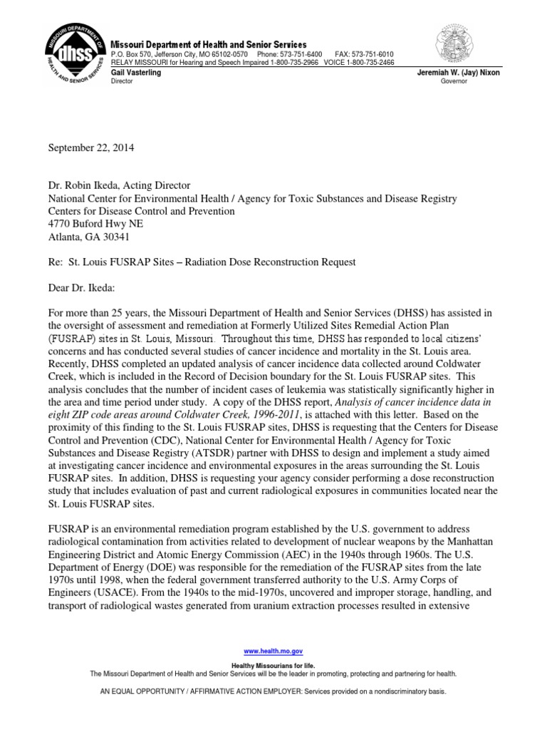 MO DHSS Letter To CDC | PDF | United States Atomic Energy Commission ...