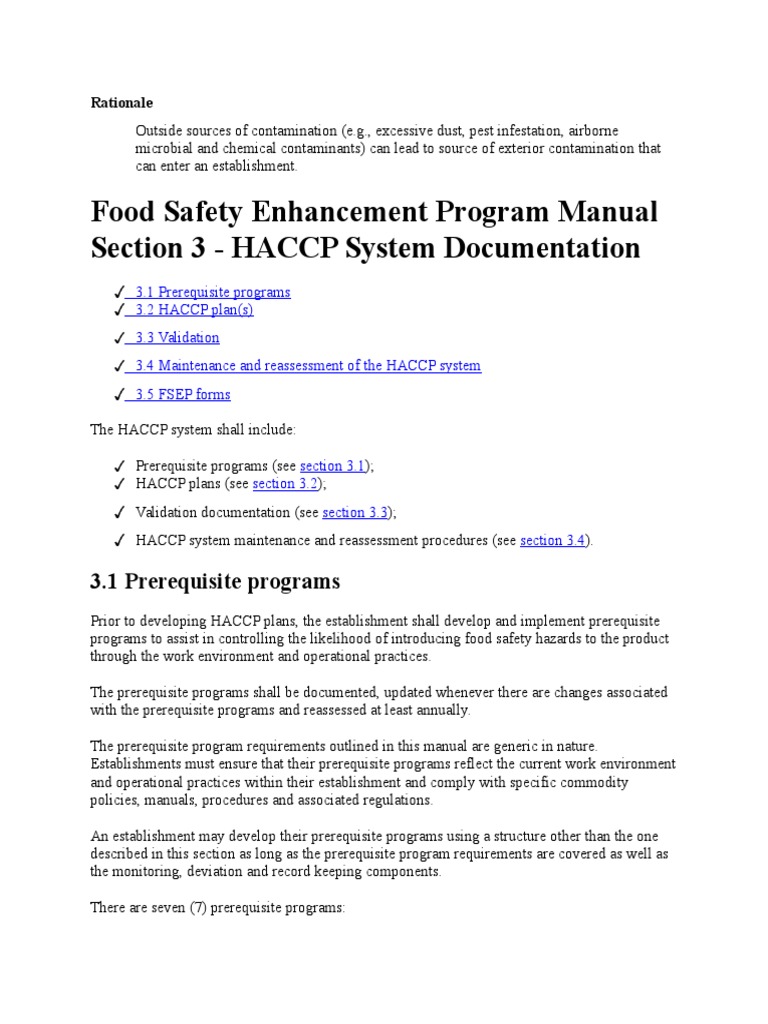 FSEP HACCP Template Manual | PDF | Sanitation | Foods