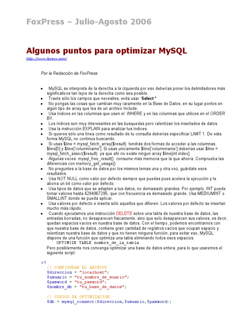 Algunos Puntos para Optimizar MySQL | PDF | Tabla (base de datos ...
