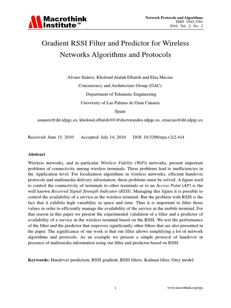 Gradient Rssi Filter And Predictor For Wireless Networks Algorithms And Protocols Pdf Kalman 0658