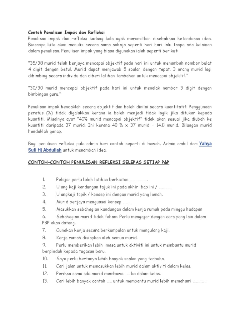 Contoh Penulisan Impak Dan Refleksi | PDF