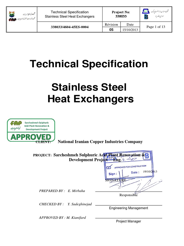 Technical Specification Stainless Steel Heat Exchangers: Project No ...