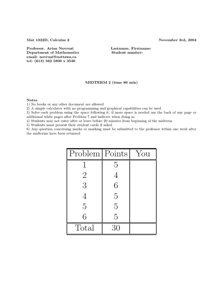 MAT1322 November 2004 Midterm | PDF | Calculus | Analysis MAT1322 November 2004 Midterm | PDF | Calculus | Analysis