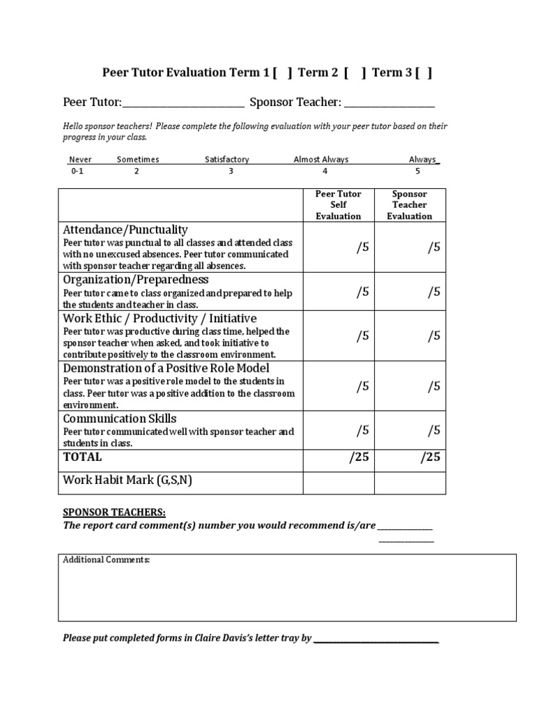 Peer Tutor Evaluation Form Template | PDF